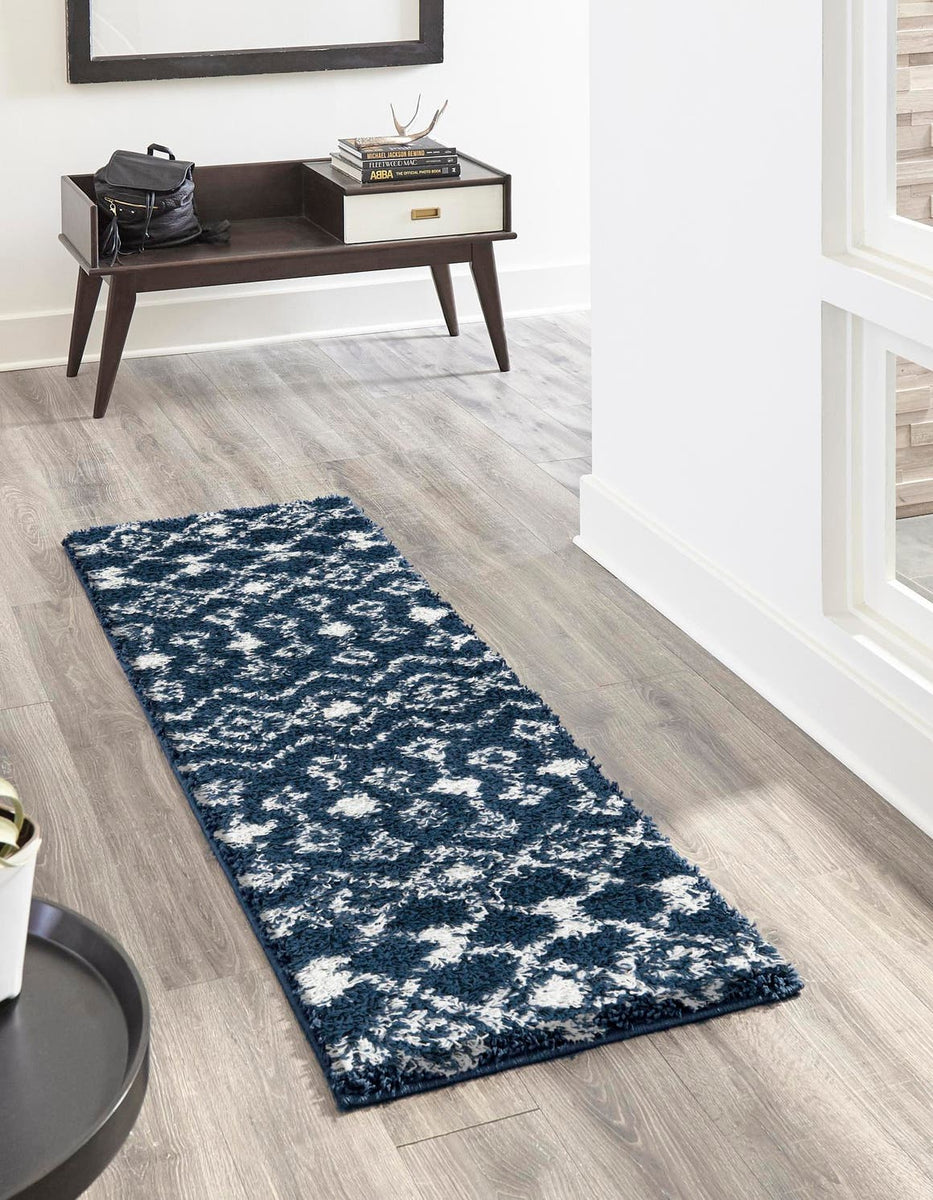 Navy Blue 3' 3 x 16' 5 Moroccan Trellis Shag Runner Area Rug Thick Sof – Rug Engine