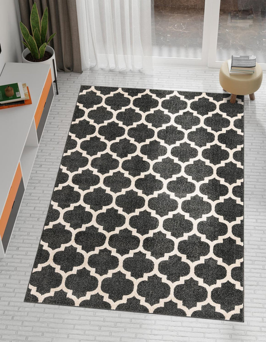 Black 7' 1 x 10' Trellis Rectangle Area Rug Geometric Modern Unique Du ...
