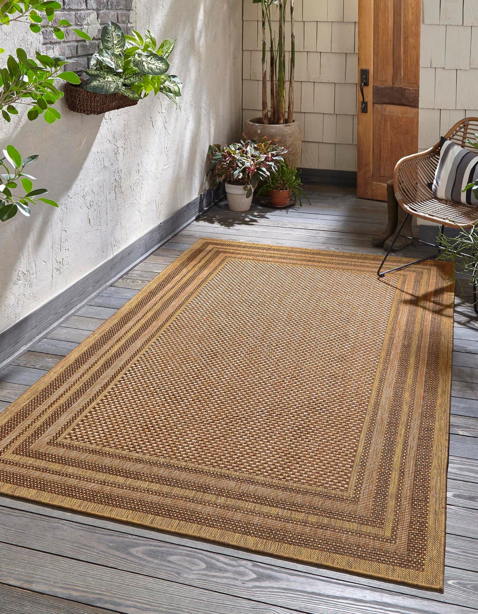 Light Brown 5' 3 x 8' Outdoor Border Rectangle Area Rug Weather Resist ...