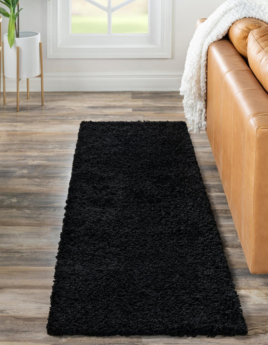 Jet Black 2' 7 x 10' Solid Shag Runner Area Rug Thick Soft Touch Fluff ...