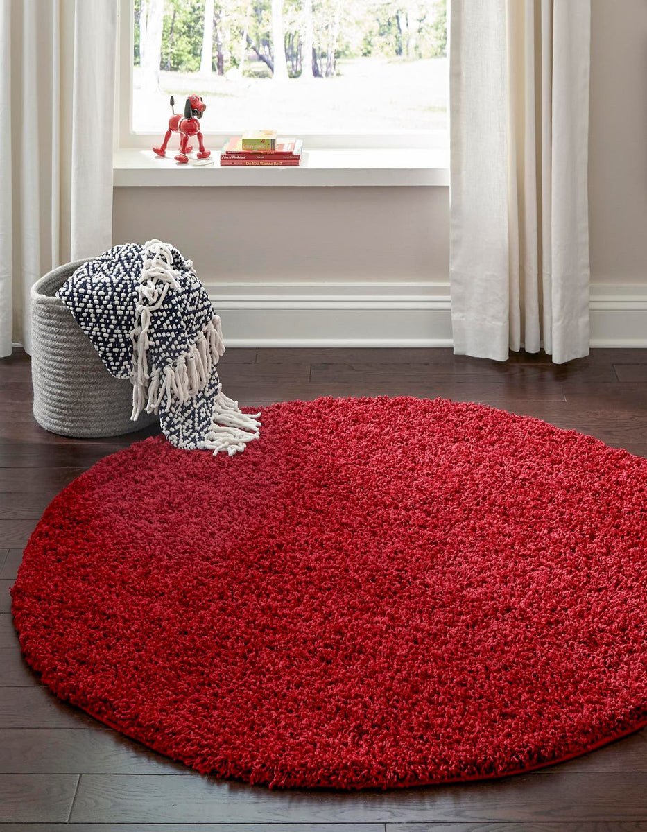 Cherry Red 7' 1 x 7' 1 Solid Shag Round Area Rug Thick Soft Touch Fluf ...