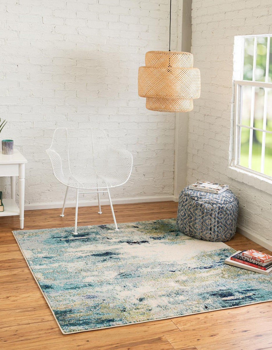 Light Blue 4' x 4' Chromatic Square Area Rug 100% Polypropylene With C ...