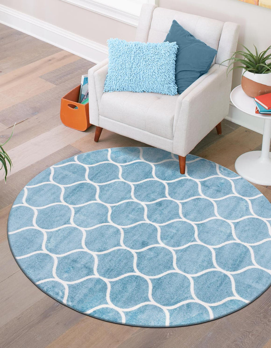 Light Blue 4' 1 x 4' 1 Trellis Frieze Round Area Rug Geometric Modern ...