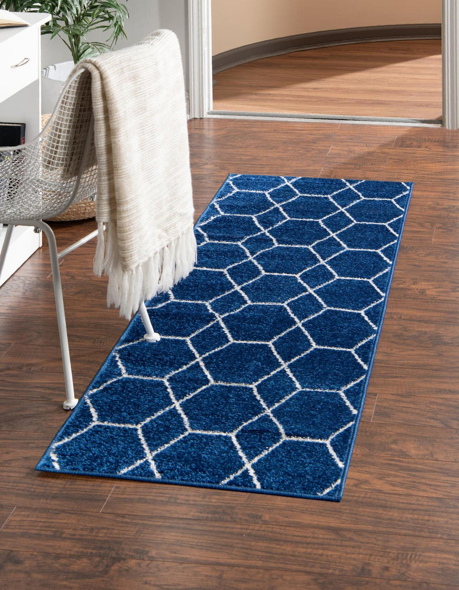 Navy Blue 2' x 6' 1 Trellis Frieze Runner Area Rug Geometric Modern Un ...