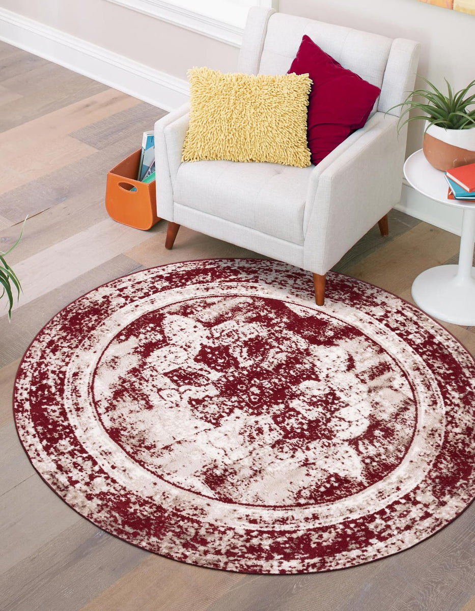 Burgundy 5' 3 x 5' 3 Sofia Round Area Rug Durable Easy Clean Stain Res ...