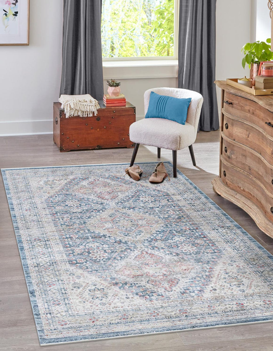 Blue 9' x 12' Noble Rectangle Area Rug 100% Polyester Traditional Dist ...