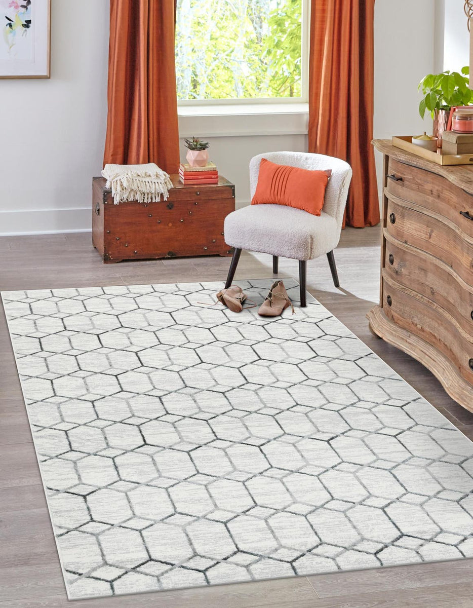 White 8' x 10' Matrix Trellis Rectangle Area Rug 100% Polyester Geomet ...