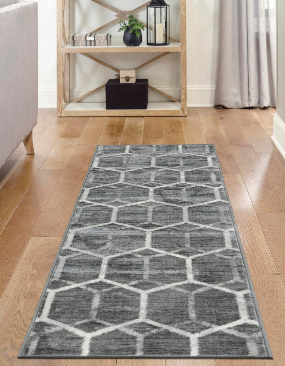 Grey 3' x 10' Matrix Trellis Runner Area Rug 100% Polyester Geometric ...