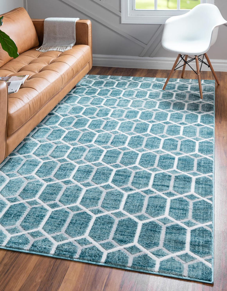 Blue 7' x 10' Matrix Trellis Rectangle Area Rug 100% Polyester Geometr ...