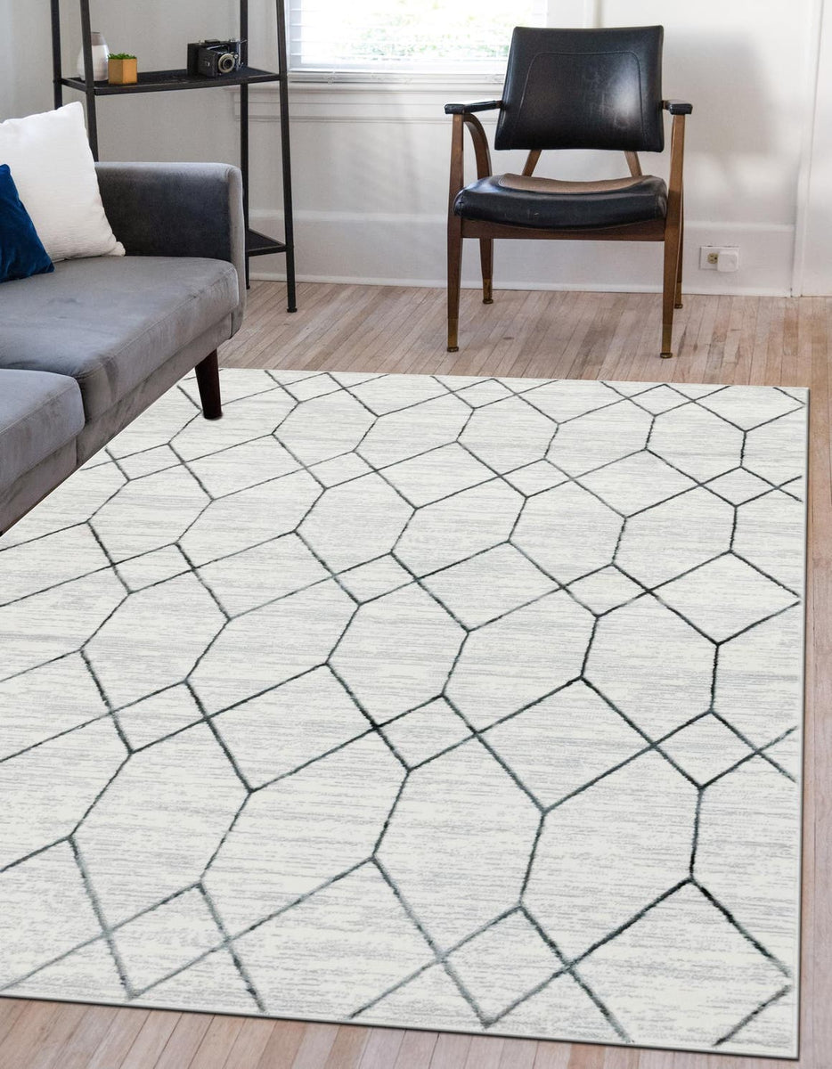 White 8' x 10' Matrix Trellis Rectangle Area Rug 100% Polyester Geomet ...