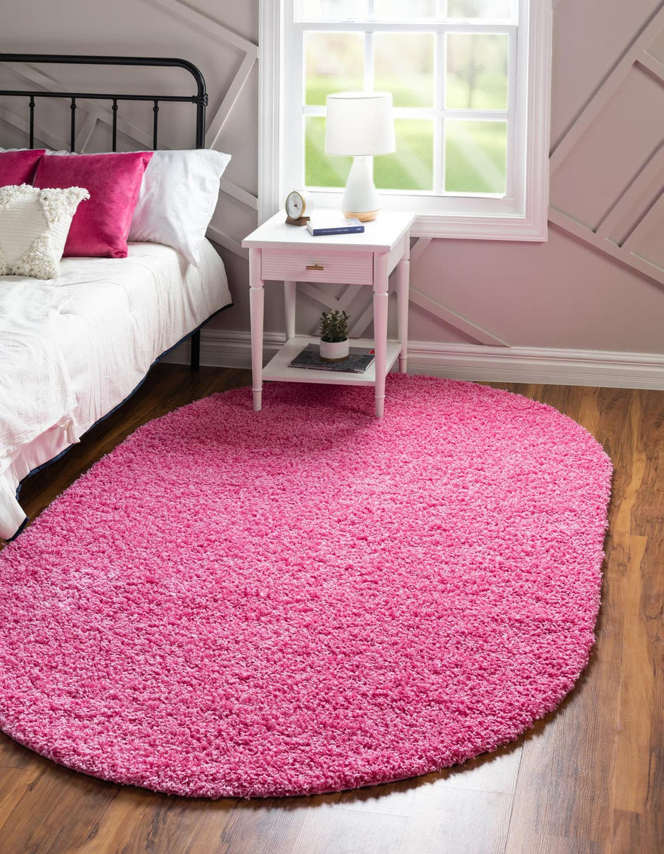 Taffy Pink 3' 1 x 5' 3 Solid Shag Oval Area Rug Thick Soft Touch Fluff ...