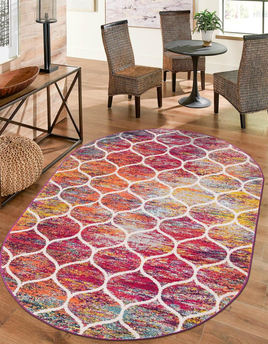 Multicolor 7' 10 x 10' Trellis Frieze Oval Area Rug Geometric Modern U ...
