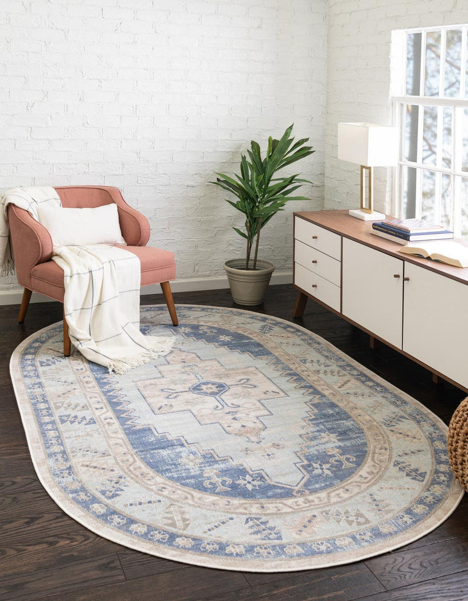 Sky blue 8' x 10' Whitney Oval Area Rug Classic Vintage Distressed Loo ...