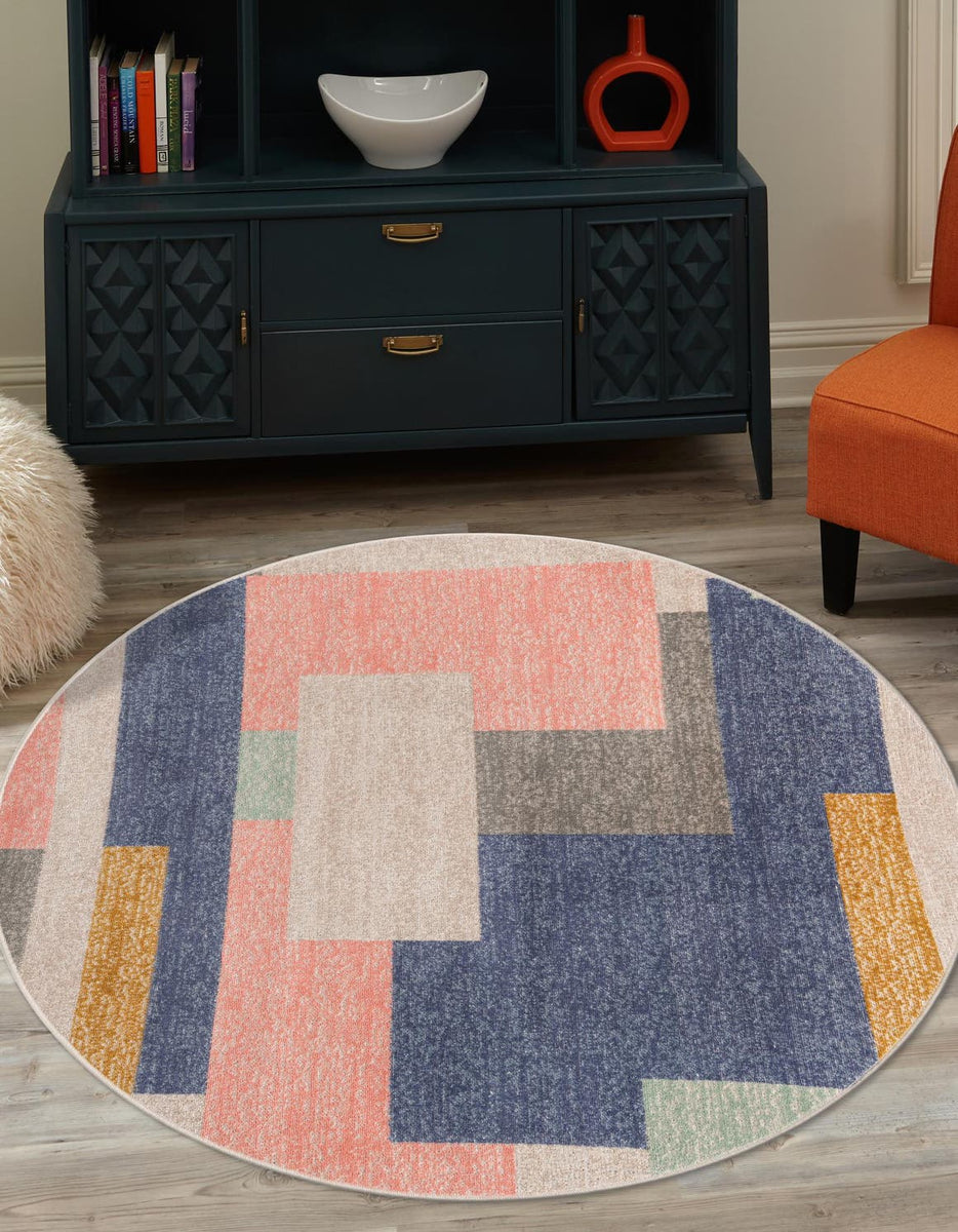 Multicolor 7' x 7' Lotus Round Area Rug 100% Polypropylene Modern Cont ...
