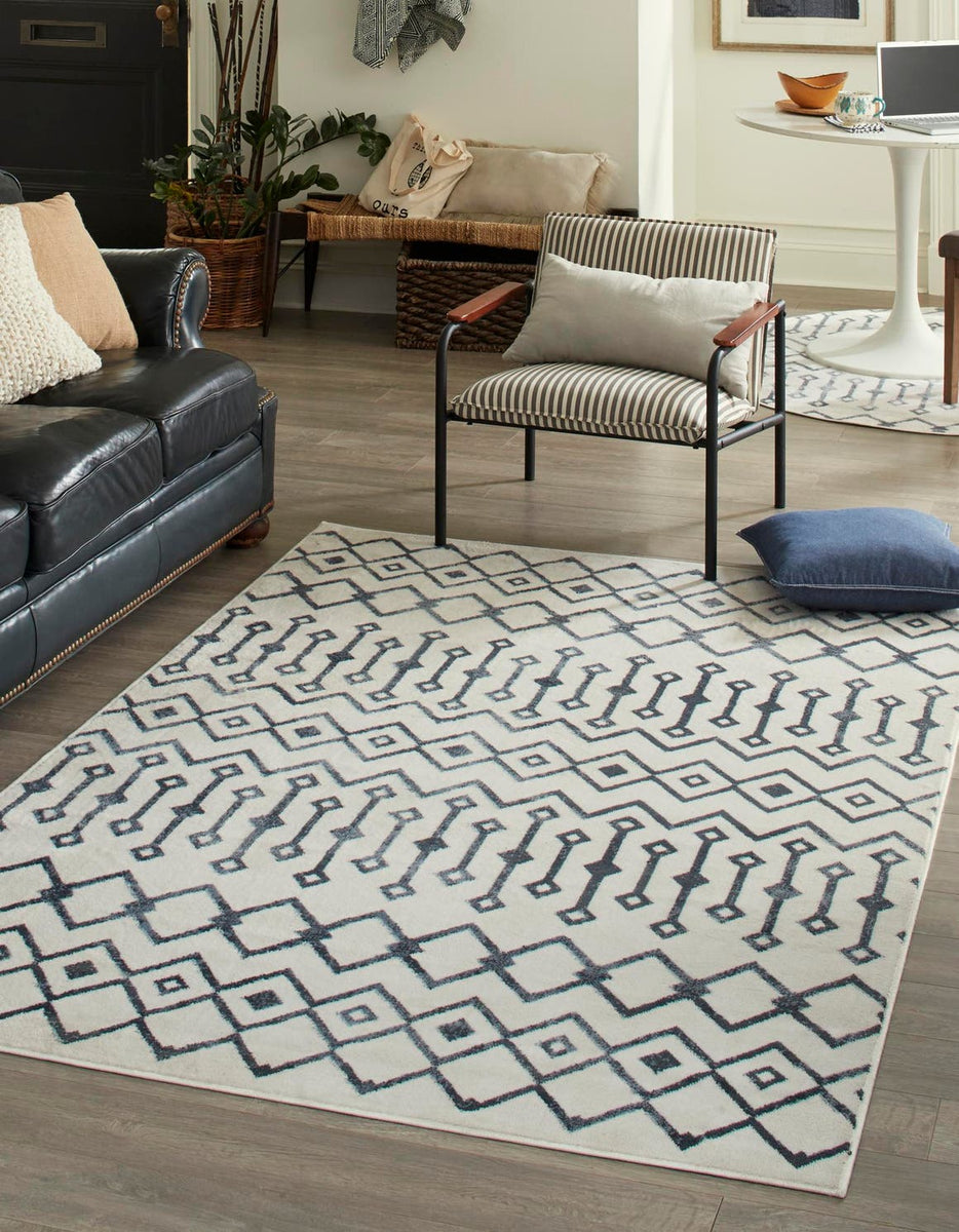 Coastal White 10' x 14' Bohemian Trellis Rectangle Area Rug 100% Polyp ...