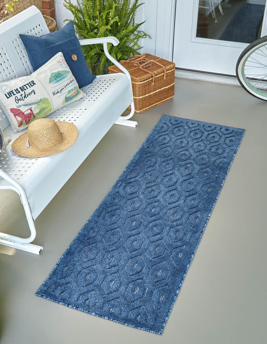 Navy Blue 2' x 6' Outdoor Trellis Textured Runner Area Rug Weather Res ...