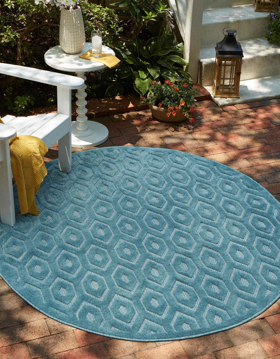 Aqua 3' x 3' Outdoor Trellis Textured Round Area Rug Weather Resistant ...