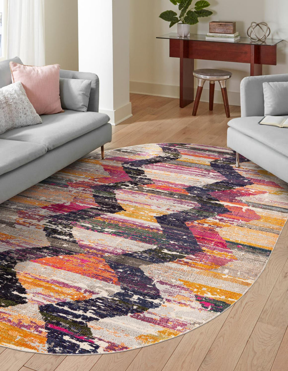 Multicolor 7' 10 x 10' Vivid Oval Area Rug Colorful Modern Unique Indo ...