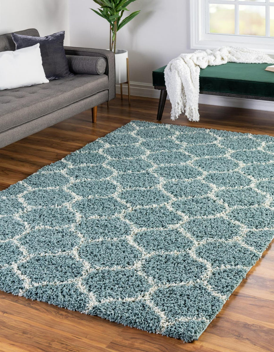 Light Blue 9' x 12' Trellis Shag Rectangle Area Rug Thick Soft Touch F ...