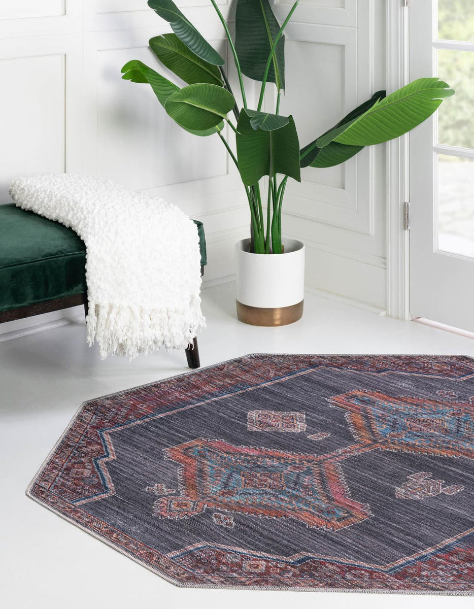 Washable Charcoal and Gray 5' 3 x 5' 3 Sisu Octagon Area Rug Easy to C ...
