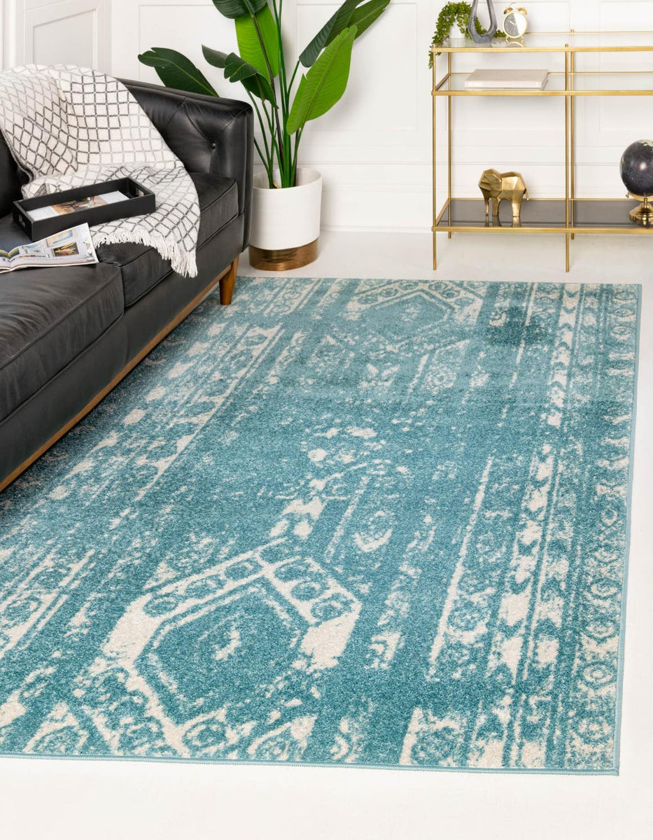 Light Blue 9' x 12' Lennon Rectangle Area Rug 100% Polypropylene Vinta ...