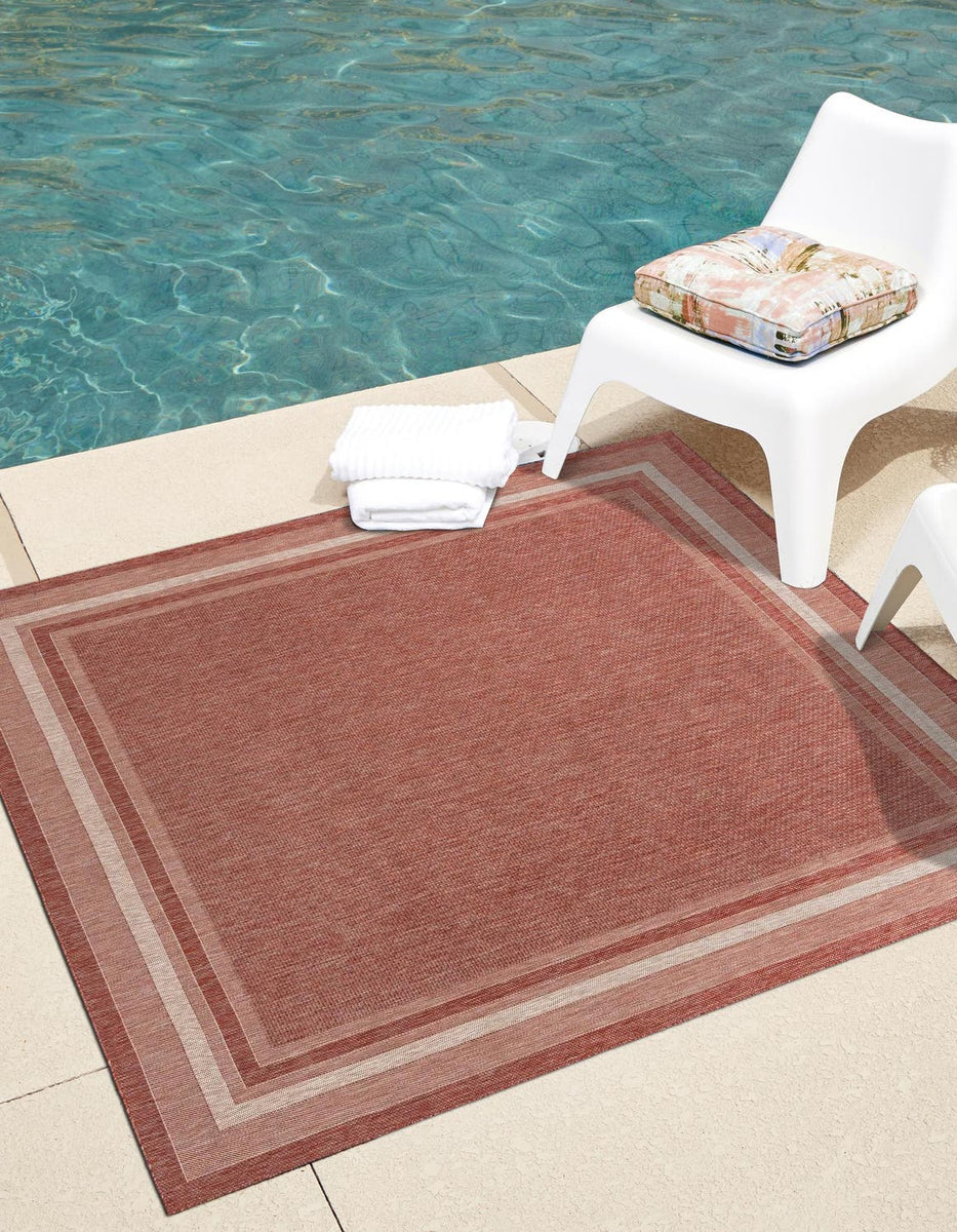 Rust Red 5' 3 x 5' 3 Outdoor Border Square Area Rug Weather Resistant ...