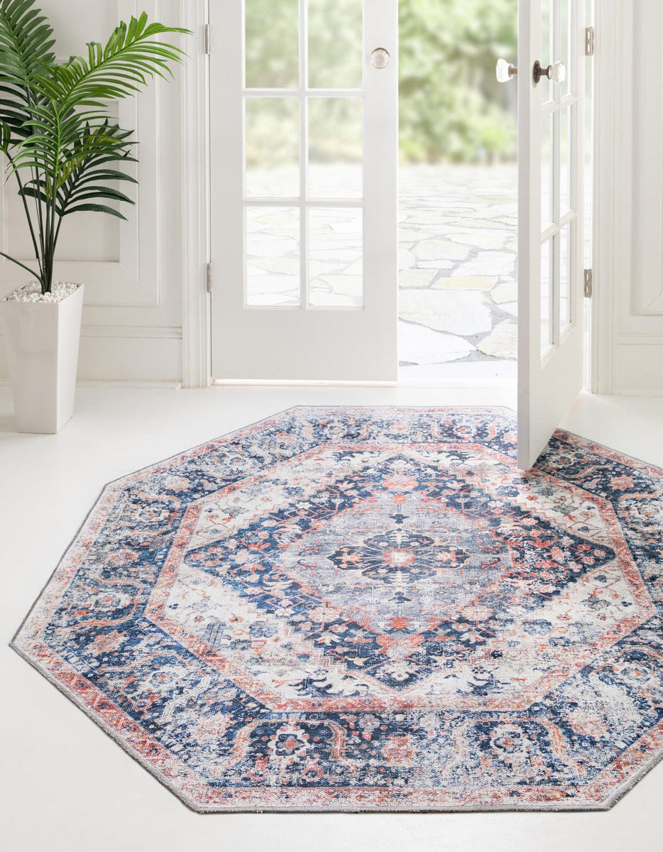 Washable Navy Blue 7' 10 x 7' 10 Yara Octagon Area Rug Easy to Clean S ...