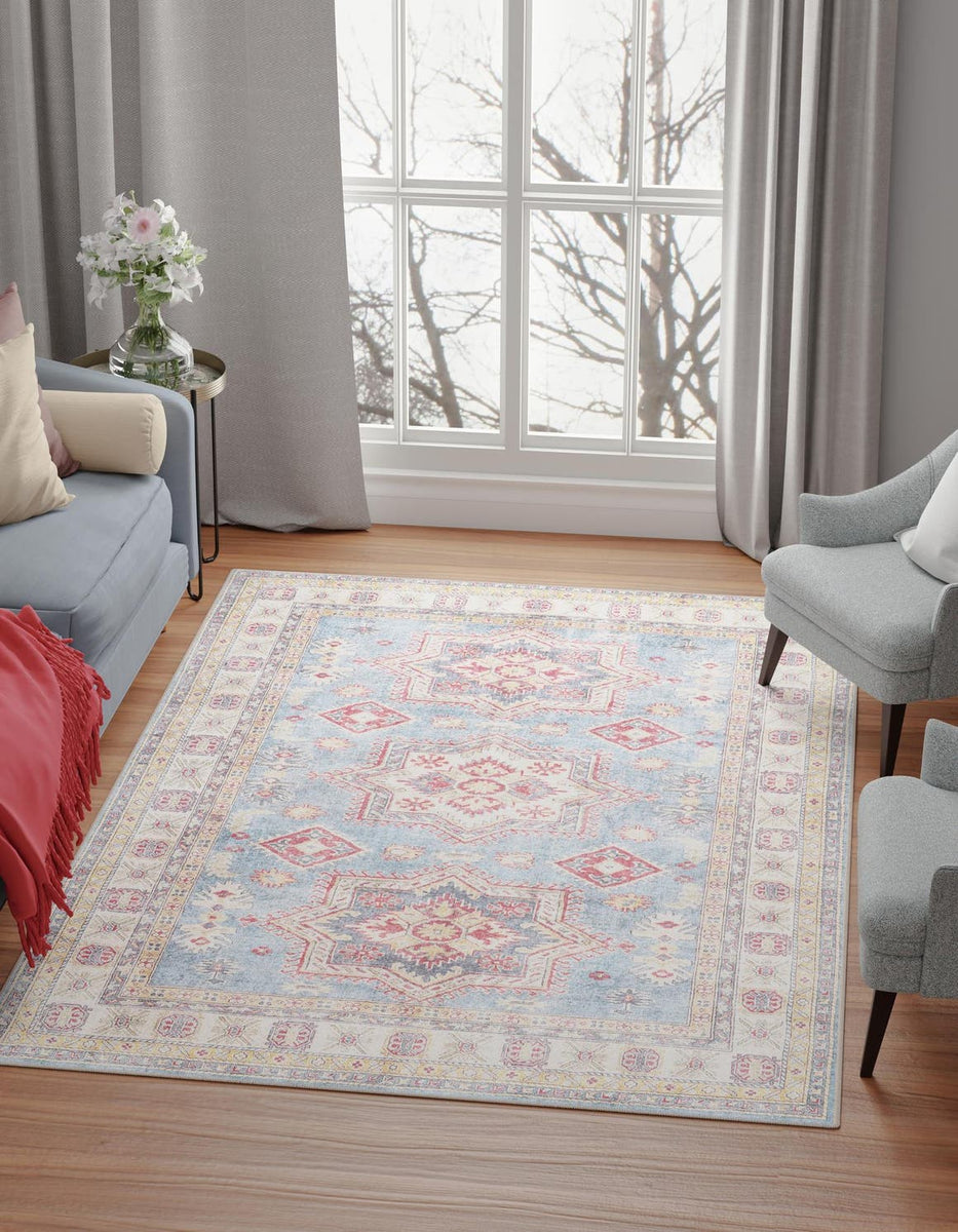 Washable Light Blue 5' 1 x 8' Timeless Rectangle Area Rug Easy to Clea ...