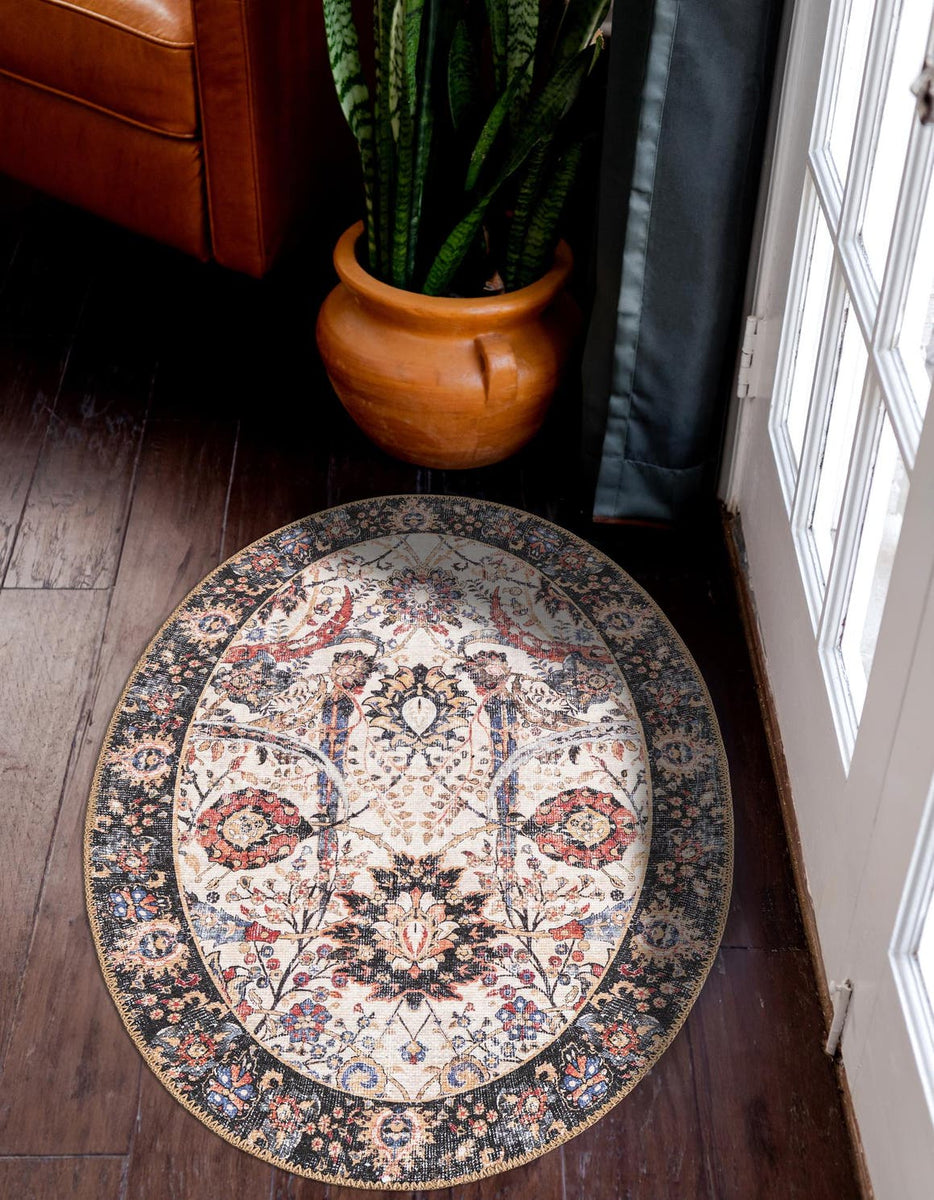 Washable Ivory 2' x 3' 1 Timeless Oval Area Rug Easy to Clean Stain Re ...