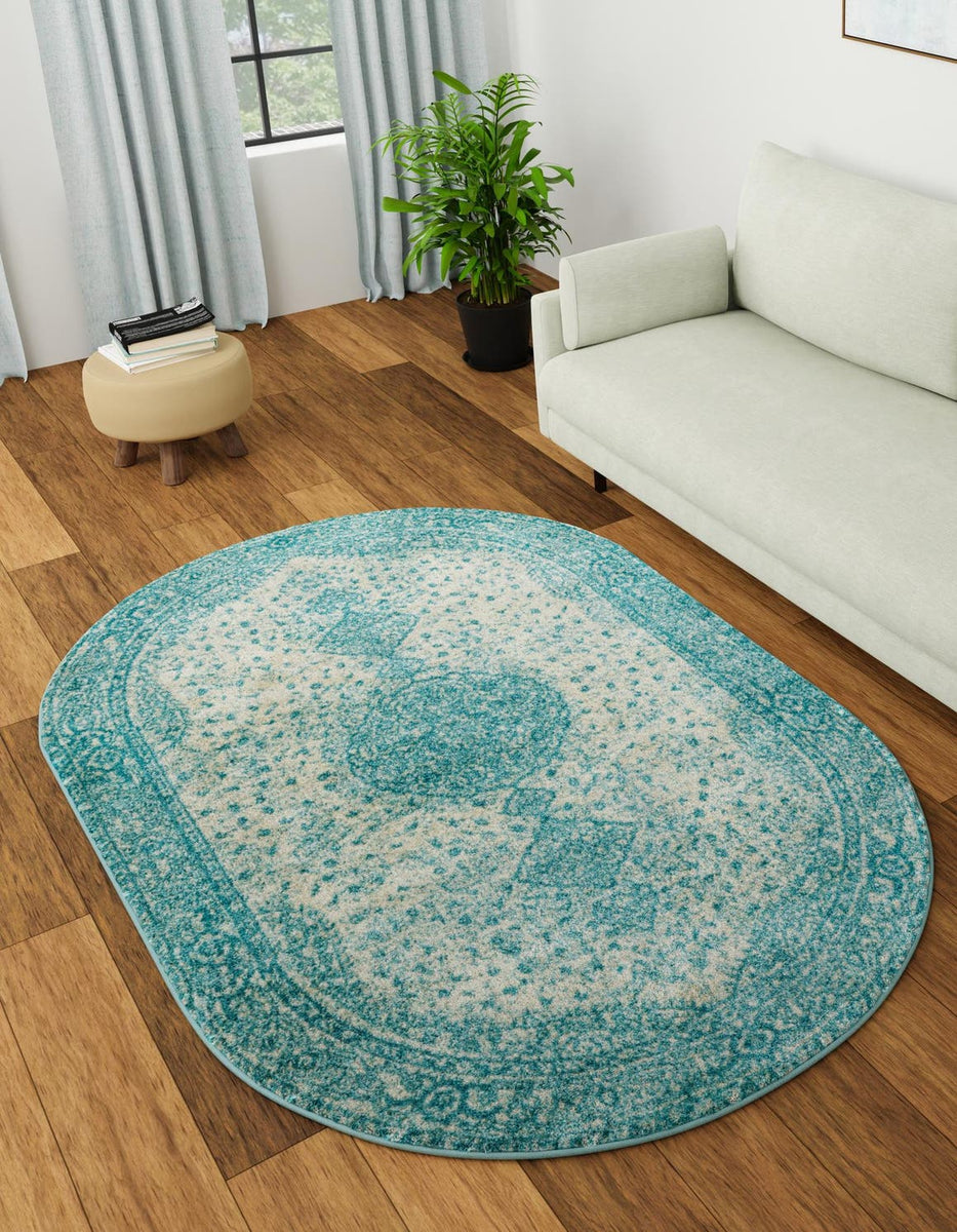 Aqua 5' 3 x 8' Bromley Oval Area Rug 100% Polypropylene With Cotton Ba ...