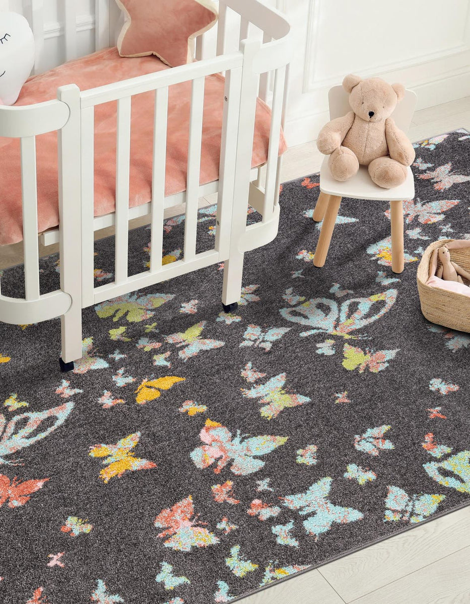 Charcoal Gray 5' 3 x 8' Whimsy Kids Rectangle Area Rug for Baby Nurser ...