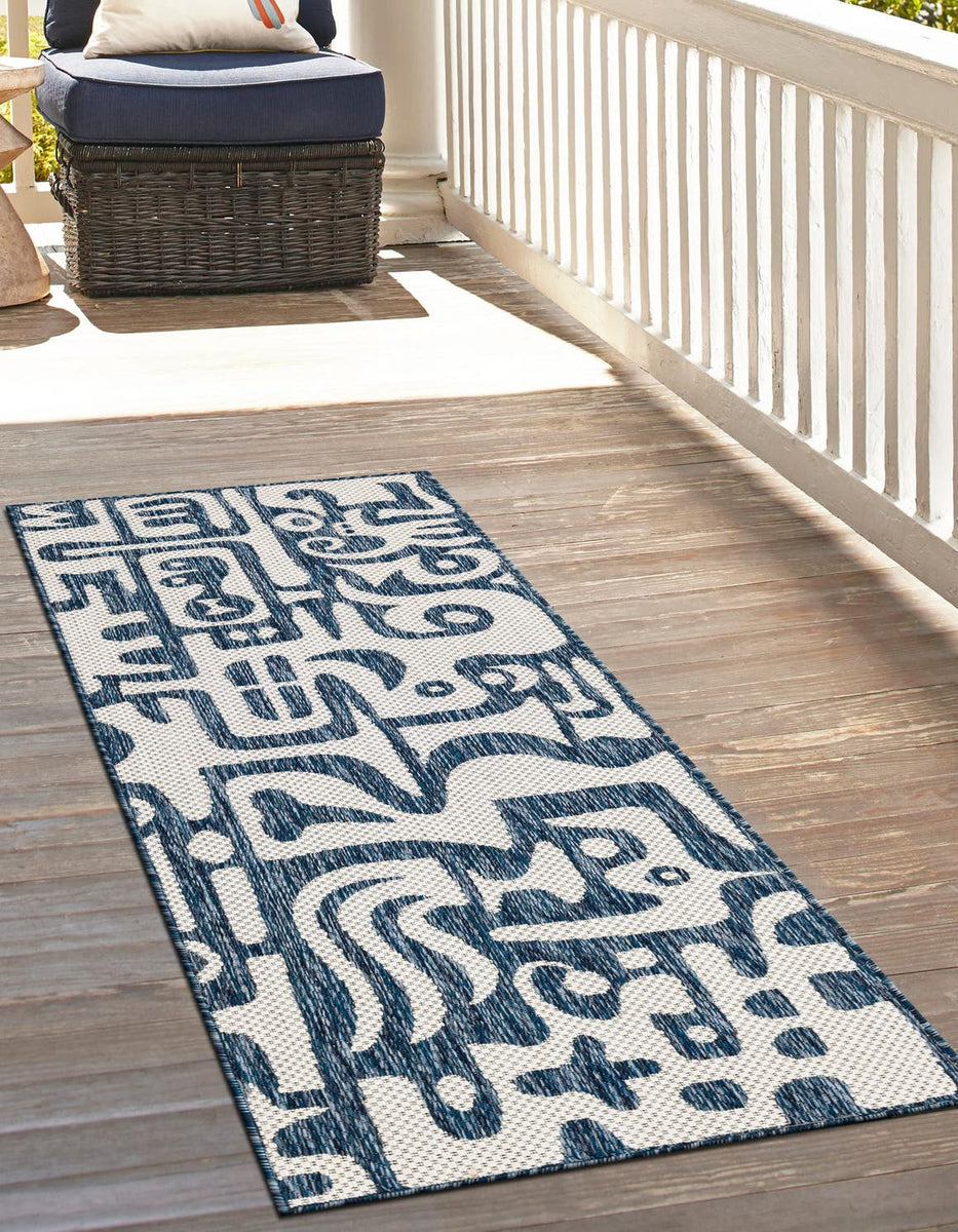 Blue 2' x 8' Outdoor Modern Runner Area Rug Weather Resistant for Pati ...