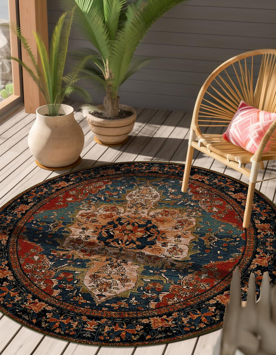 Navy Blue and Rust Red 5' 1 x 5' 1 Outdoor Traditional Round Rug Weath ...